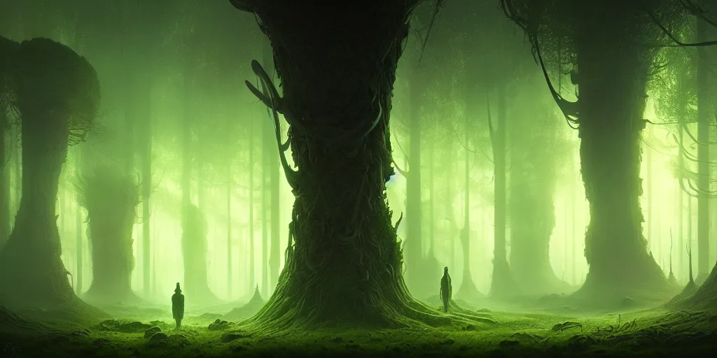 KREA - strange alien forest, glowing fungus, misty, green glowing ...