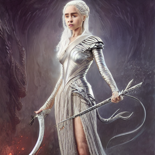 A painting of Daenerys Targaryen wearing a intricate silver armor and ...