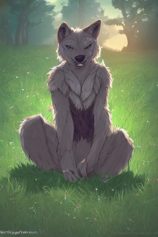Anthropomorphic Wolf Fursona Sitting In Between The Grass In Forest Lit
