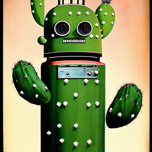 a long shot of. a 1950s retro Cactus robot, with space above the head ...