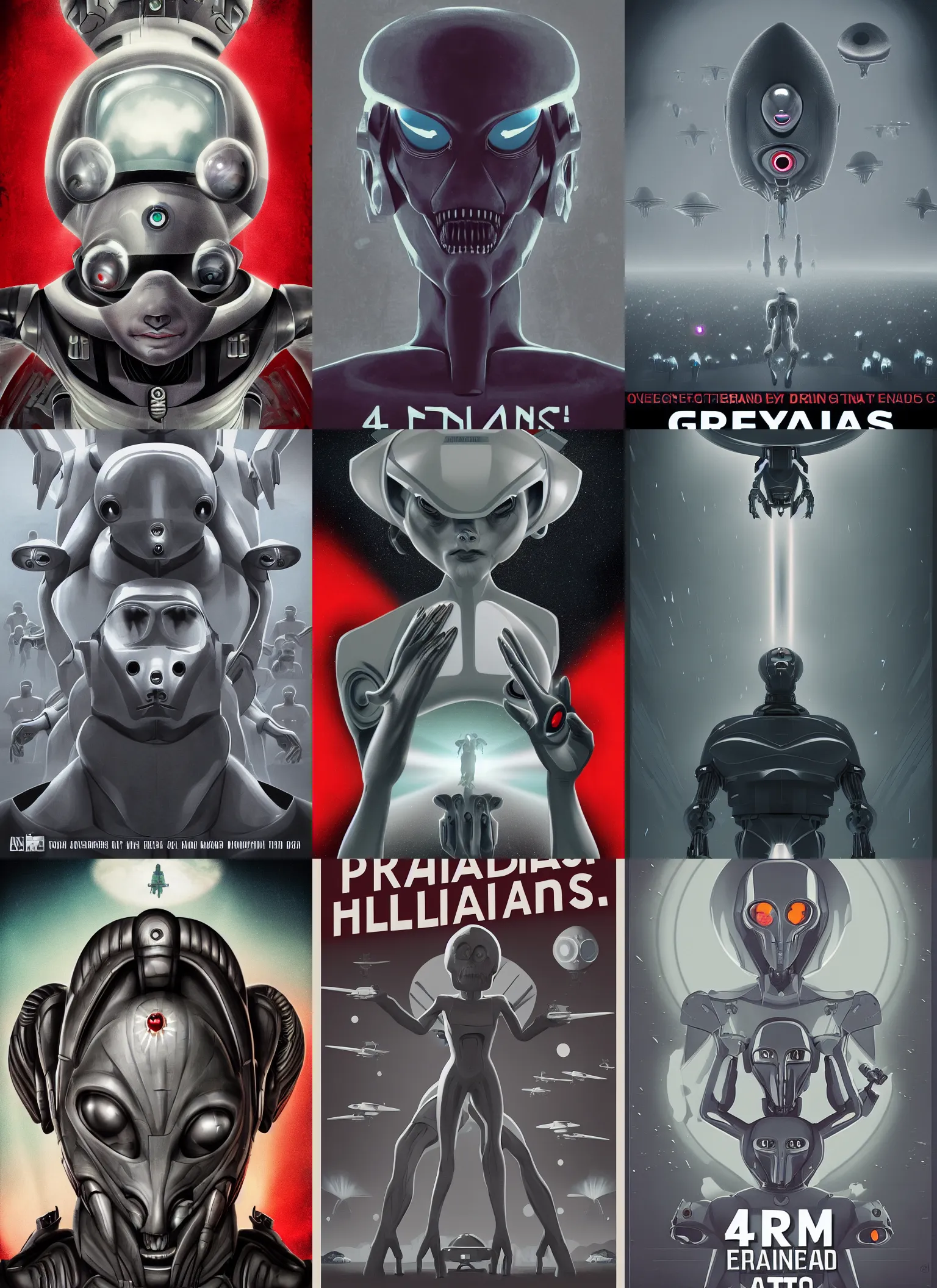 KREA - propaganda poster of grey aliens enslaving humans, overlords ...