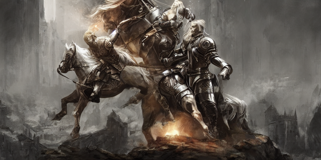 KREA - blonde knight beheading an insane king inside of a castle, thus ...