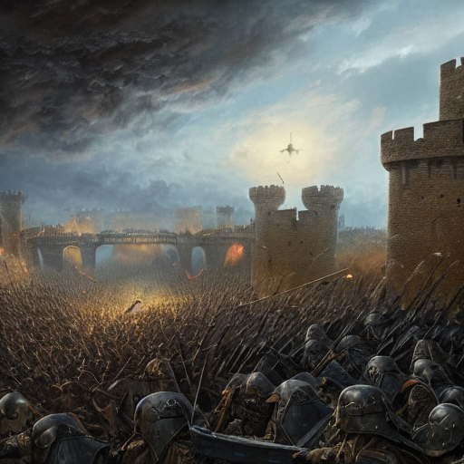 army defending stone bridge of a castle from a large attacking force ...