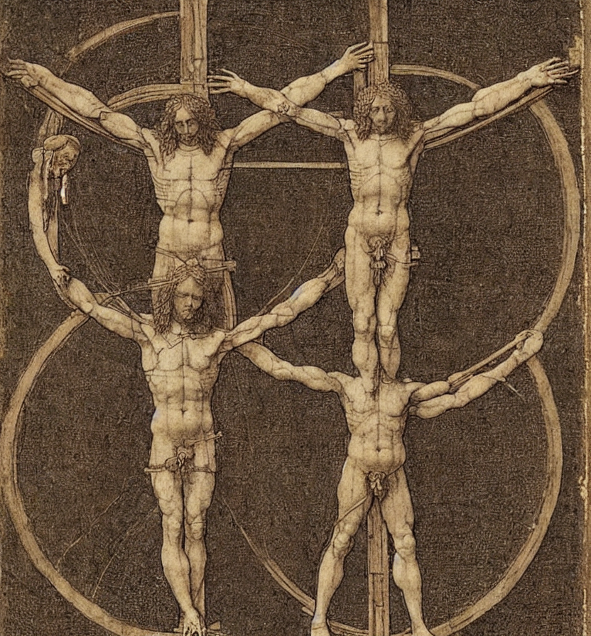 Leonardo da Vinci\'s Vitruvian Man crucified on a cross