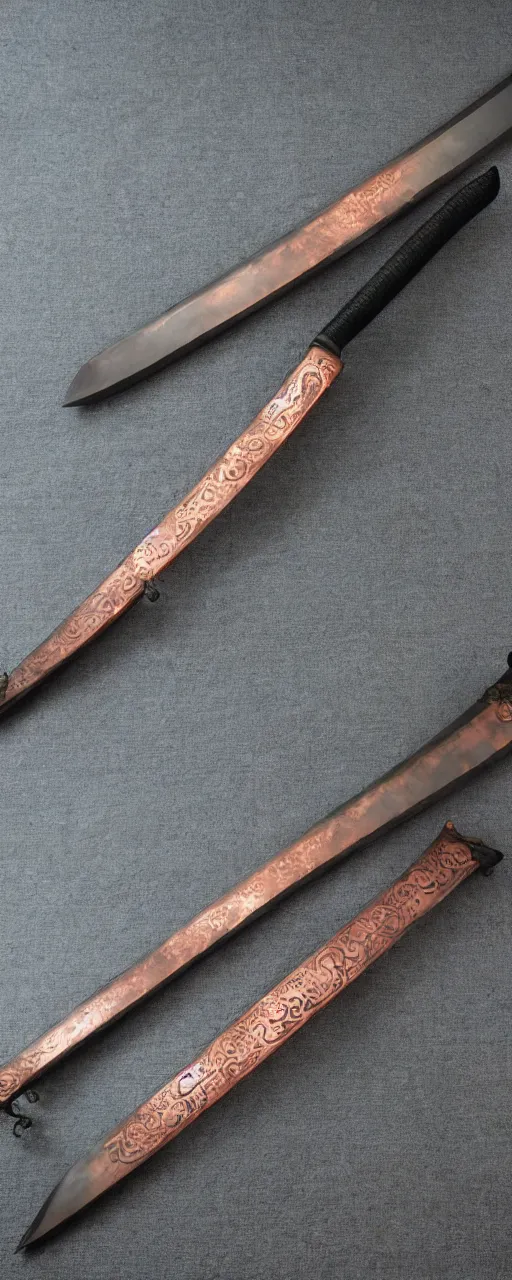 KREA - copper sword with cyan roses and black runes on the blade, a ...