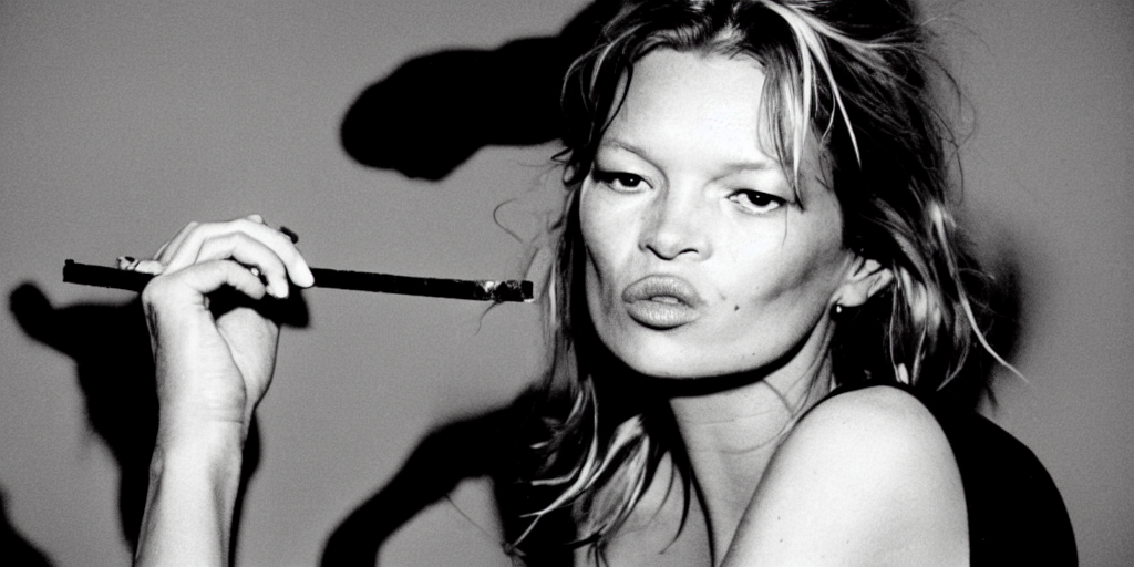 Photograph Of A Young Kate Moss Smoking A Cigarette In The Style Of