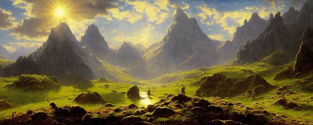 KREA - epic landscape of rohan in middle earth, sun shining through ...