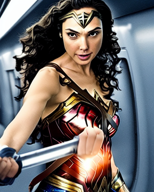 Krea Gal Gadot As Wonder Woman Demonstrates Using Her Glowing Lasso Of Truth While Riding A
