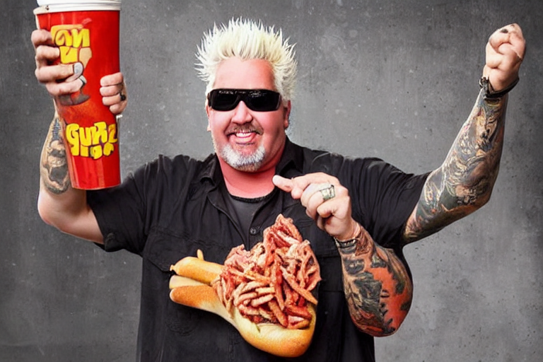 beautifully composed photograph of Guy Fieri holding a huge weiner