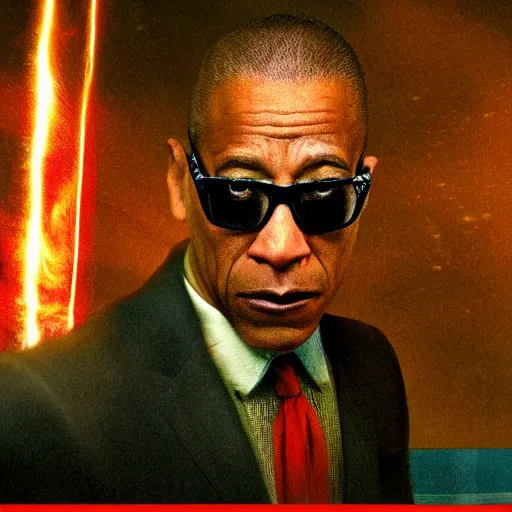 Krea Realistic Photo Of Gus Fring In A Shootout With Mike Low Lighting Nighttime Distance