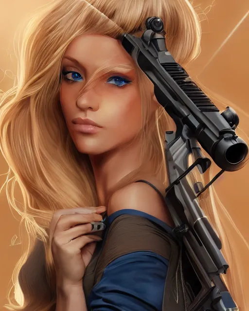 Krea Side Closeup Of Beautiful Blonde Female With Blue Eyes Aiming L 9 6 A 1 Rifle At Target