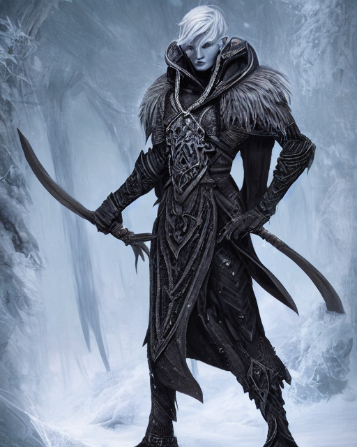 half - body, male drow warlock, combat pose, grey hair, black and ...