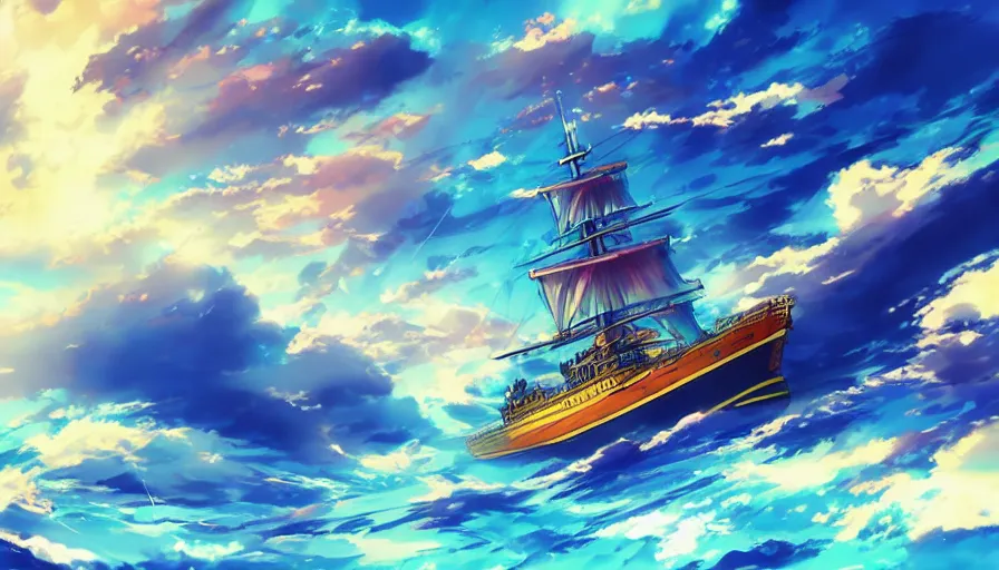 KREA - one piece ship sailing, dynamic blue sky, storm sky, sun sunset ...