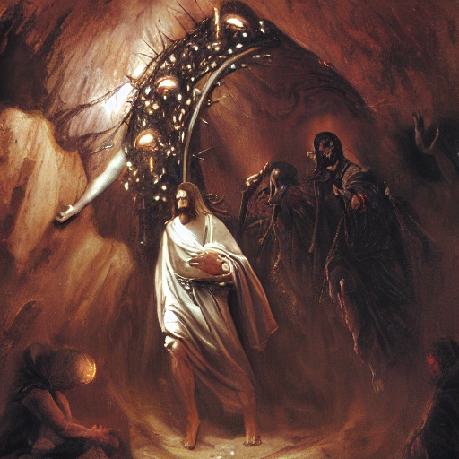 painting of Jesus descending into hell in the style of Dante's Inferno, surrounded by a vivid ...