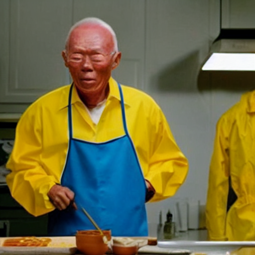 A still of Lee Kuan Yew as Walter White cooking meth wearing a yellow ...