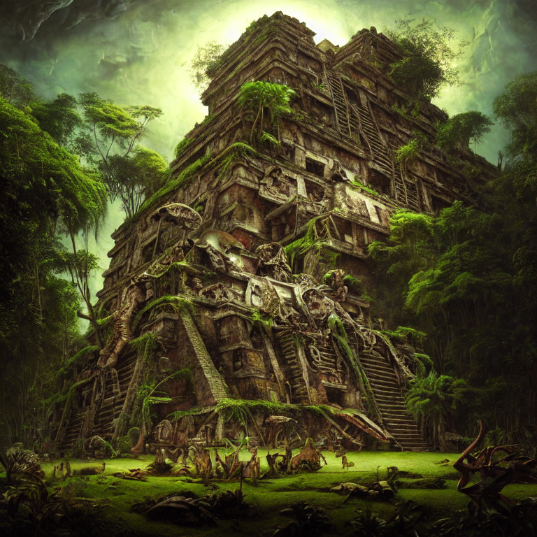 KREA - surreal painting of crashed mayan aztec spaceship overgrown by ...