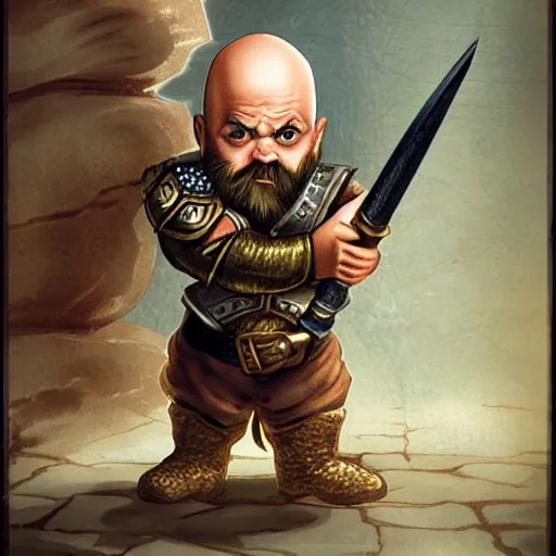 KREA - bald dwarf with white beard, holding a dagger and bomb, dnd ...