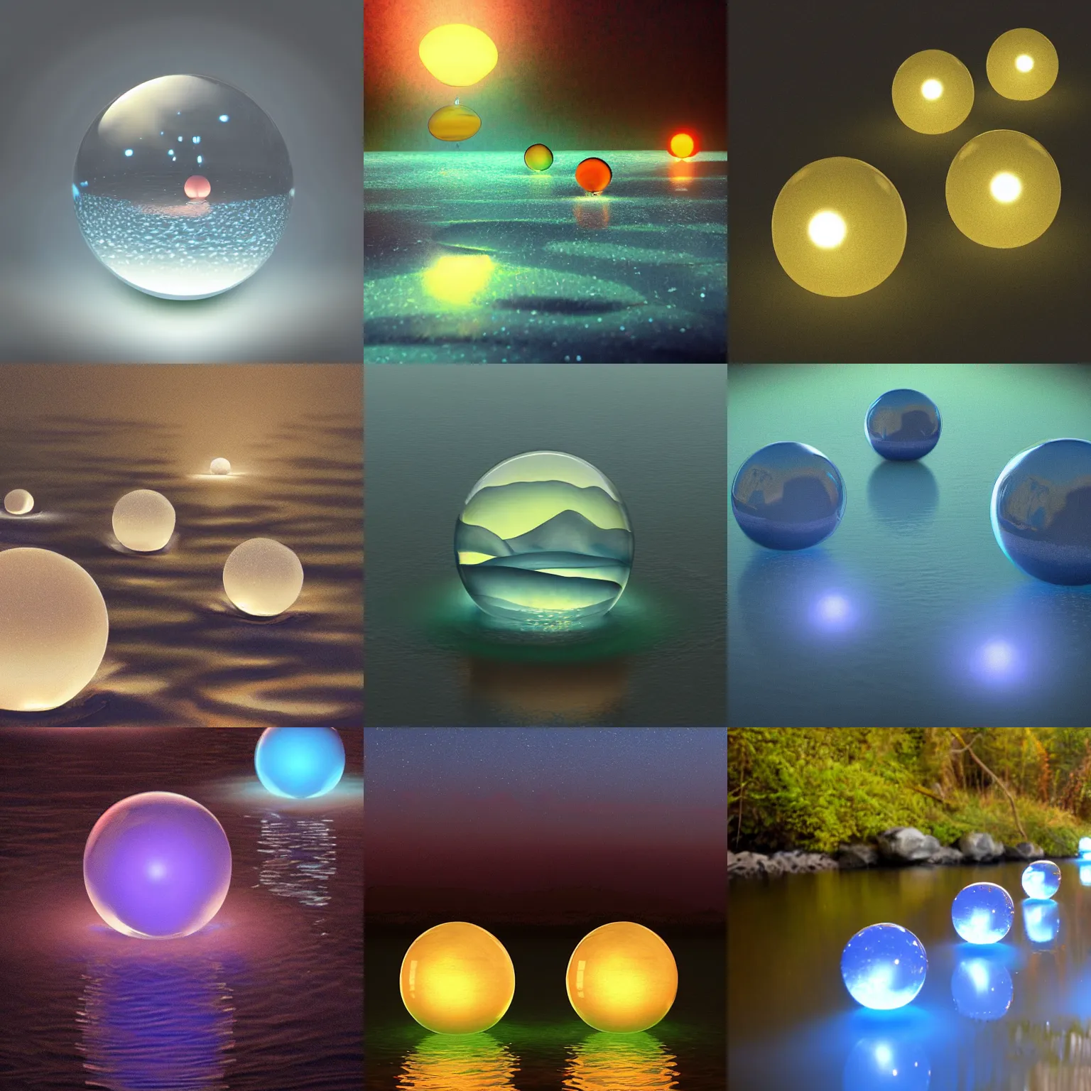 Krea Glowing Glass Orbs Floating Down A River Evocative Mystical