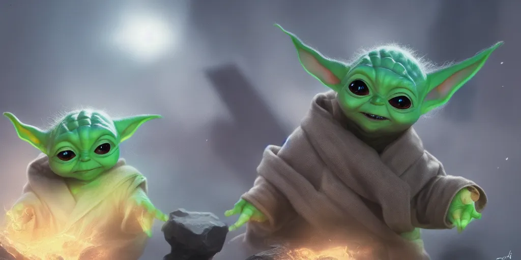 KREA - Baby Yoda sitting is fighting Thanos, hyperdetailed, artstation ...