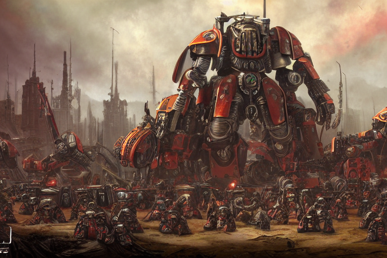 matte painting of Adeptus Mechanicus legion, by Lewis Jones, praise the omnissiah, preparing for ...
