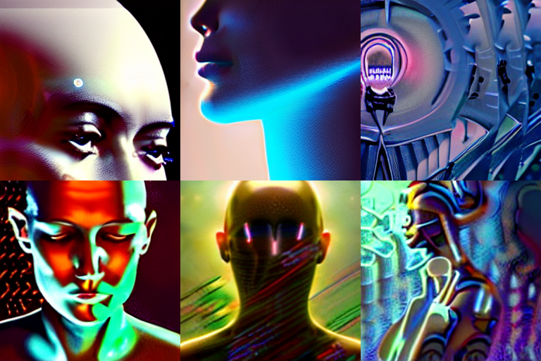 A portrait of a meditating human-machine hybrid with many cybernetic ...