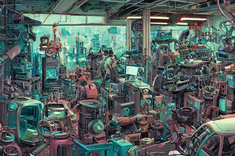 an extremely cluttered machine repair shop in 2067, art by Josan ...