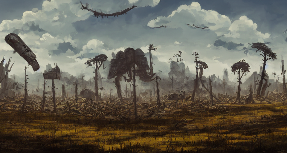 landscape painting of a post apocalyptic field with huge skulls lying ...