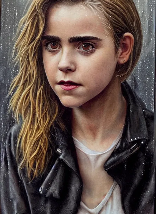 Krea Portrait Of Kiernan Shipka In Heavy Rain Wearing A Leather Jacket Wet Hair