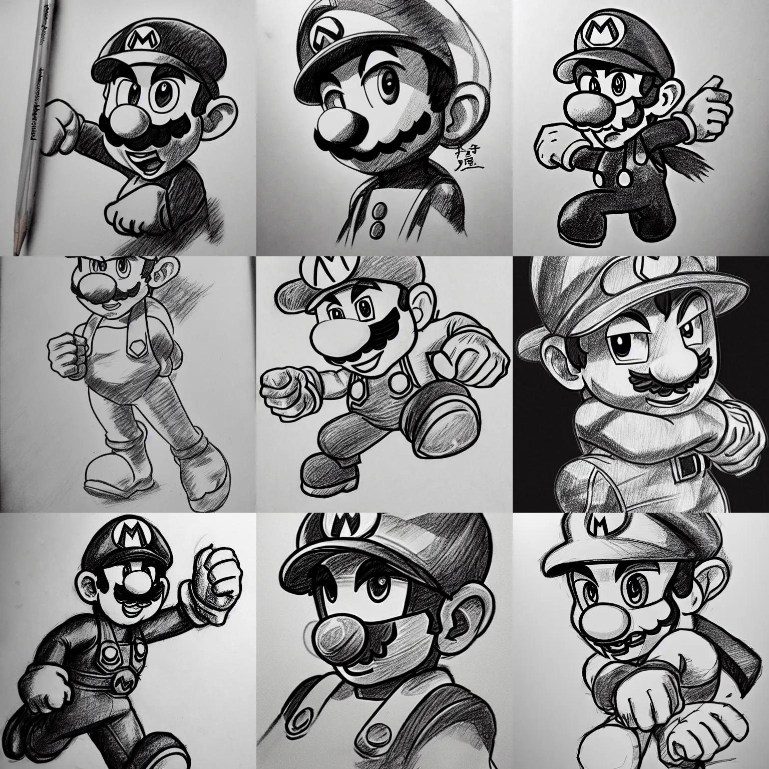 KREA - epic shaded pencil sketch of mario, determined gaze, striking ...