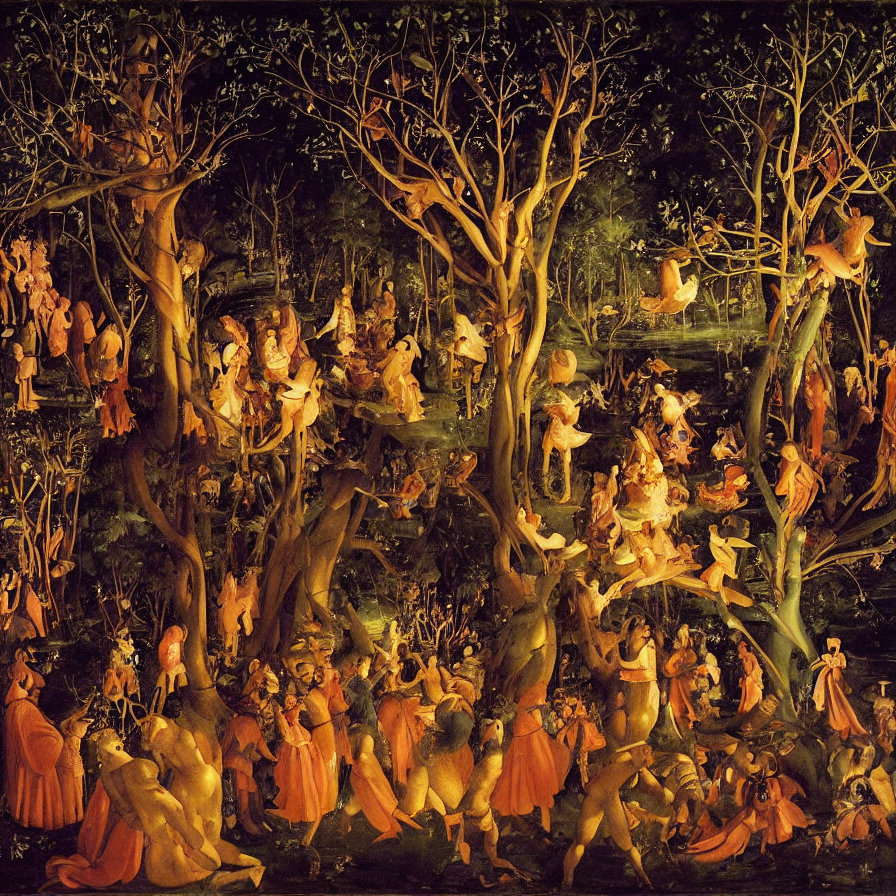 renaissance painting of a night carnival around a magical tree cavity ...