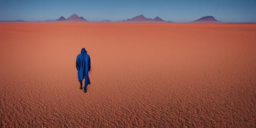 KREA - of a photography of a man walking on desert , with blue light ...