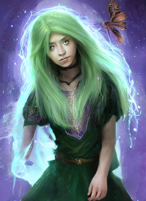 Portrait of young female sorcerer, D&D fantasy, her hair is green and ...