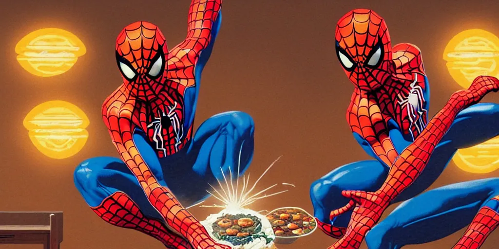 KREA - roman mosaic of spider - man eating fried eggs and bacon, low ...