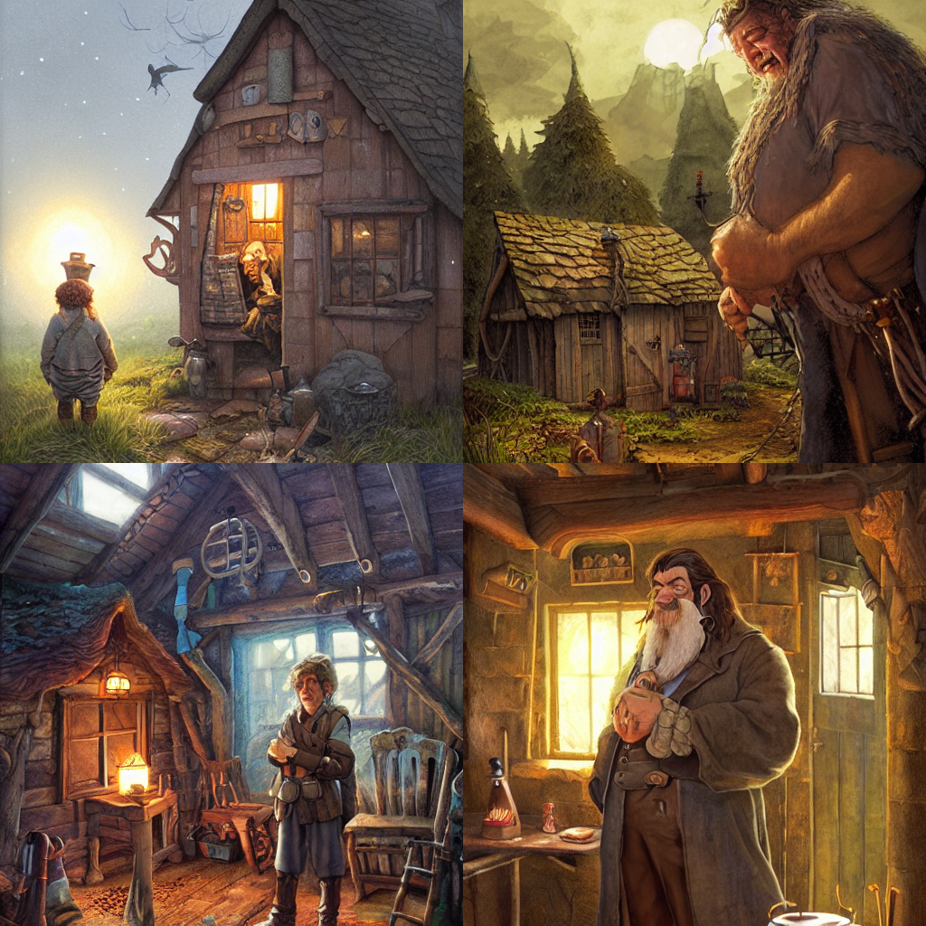 Samuel Vimes sits in Hagrid Hut at twilight, detailed, hyperrealistic ...