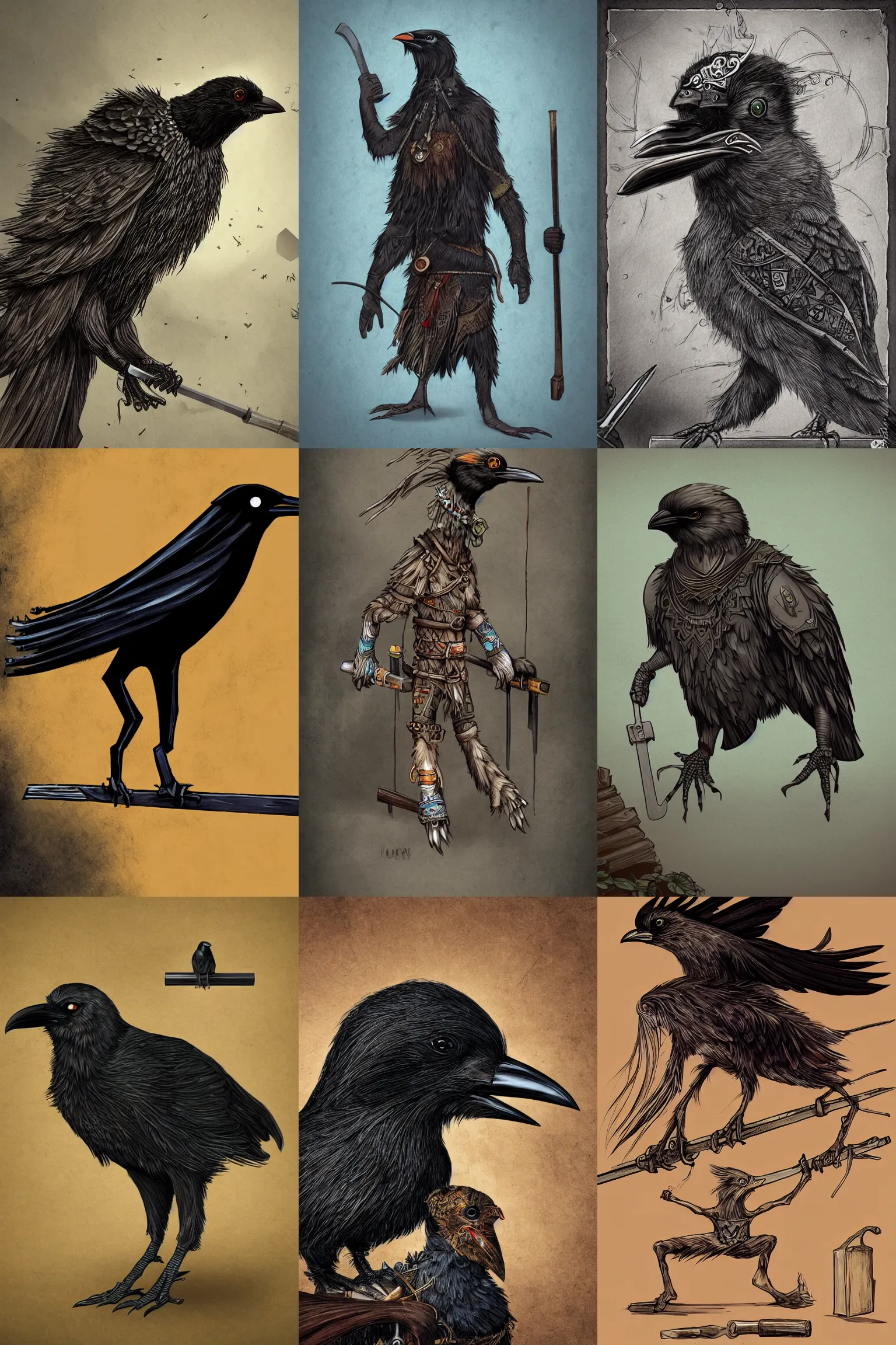 KREA - sentient sapient crow wearing clothes wielding tools civilized ...