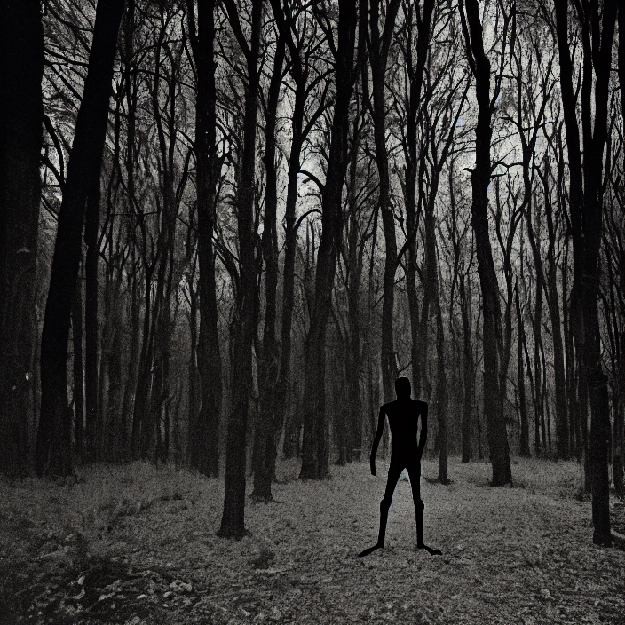 a creepy and slender shadowy figure with long limbs in the dark woods at night, 35 mm, film shot