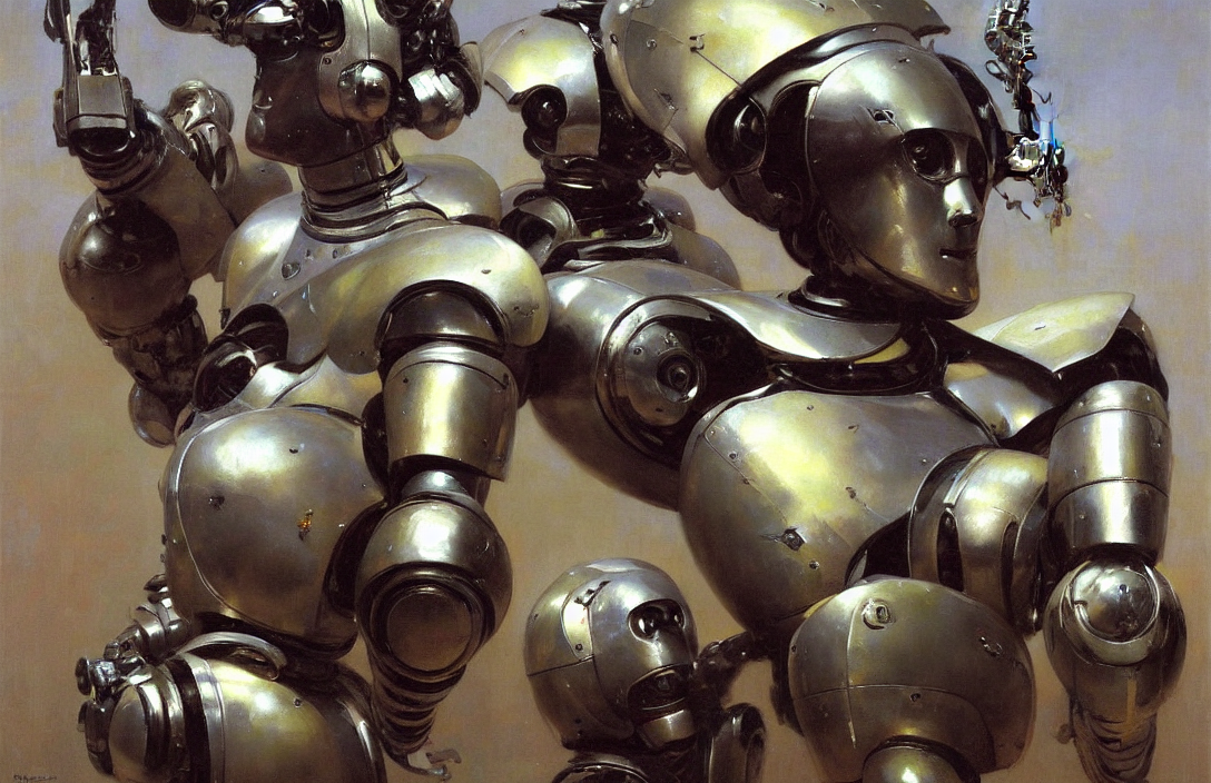 four futuristic silver robots, detailed painting, epic lighting, by ...