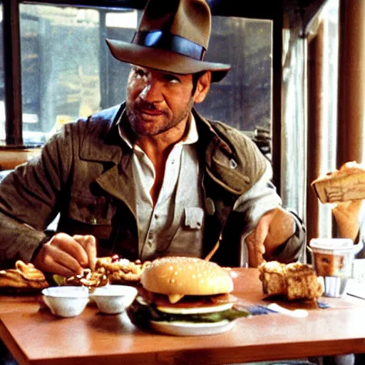 KREA - Indiana Jones sitting at a diner table eating a burger. Outside ...